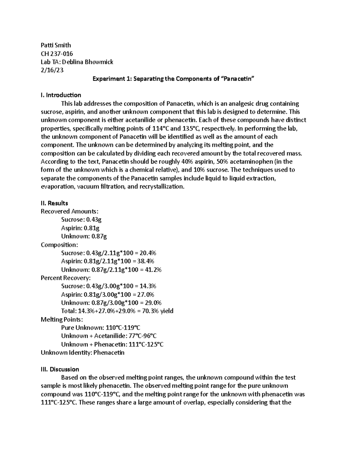 Lab Report 1 CH 237-016 - Patti Smith CH 237- Lab TA: Deblina Bhowmick 2/16/ Experiment 1: - Studocu