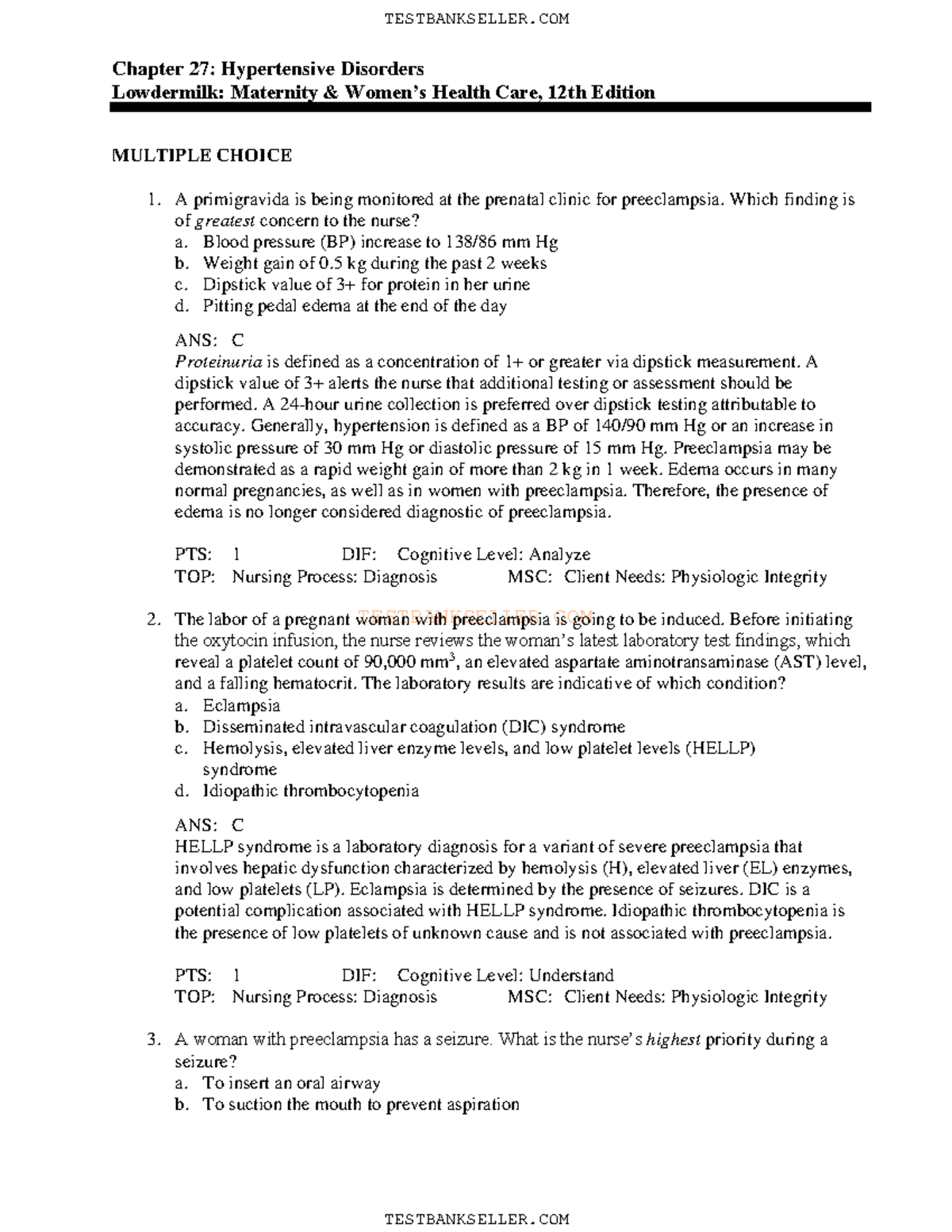 27 - test bank - TESTBANKSELLER Chapter 27: Hypertensive Disorders ...