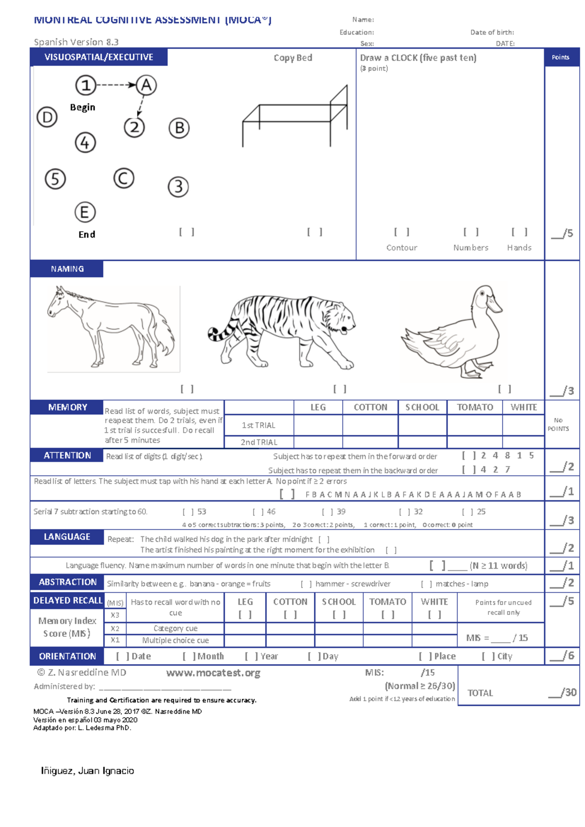 Spanish Back Translation Mo CA 8.3 Test - MONTREAL COGNITIVE ASSESSMENT ...
