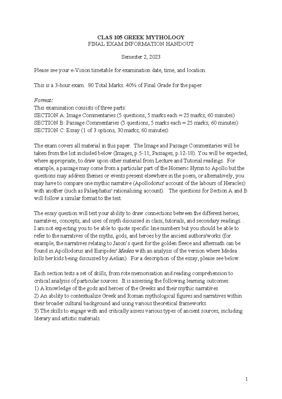2023 Final Exam handout (updated) - CLAS 105 GREEK MYTHOLOGY FINAL EXAM ...