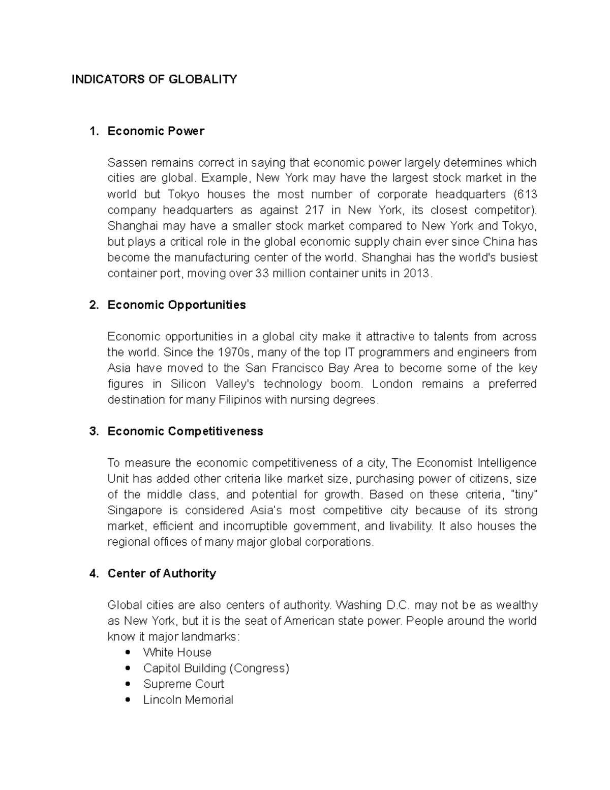 Indicators OF Globality script - INDICATORS OF GLOBALITY 1. Economic ...