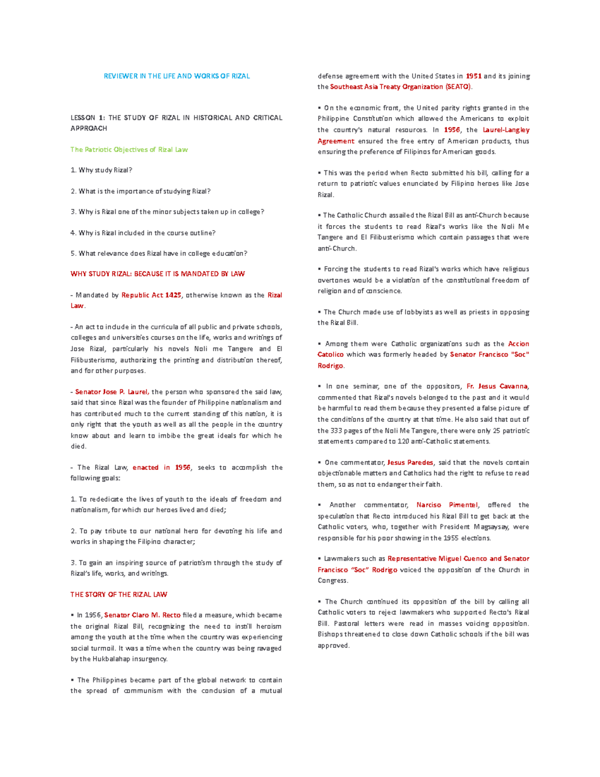 Reviewer Rizal - REVIEWER IN THE LIFE AND WORKS OF RIZAL LESSON 1: THE ...