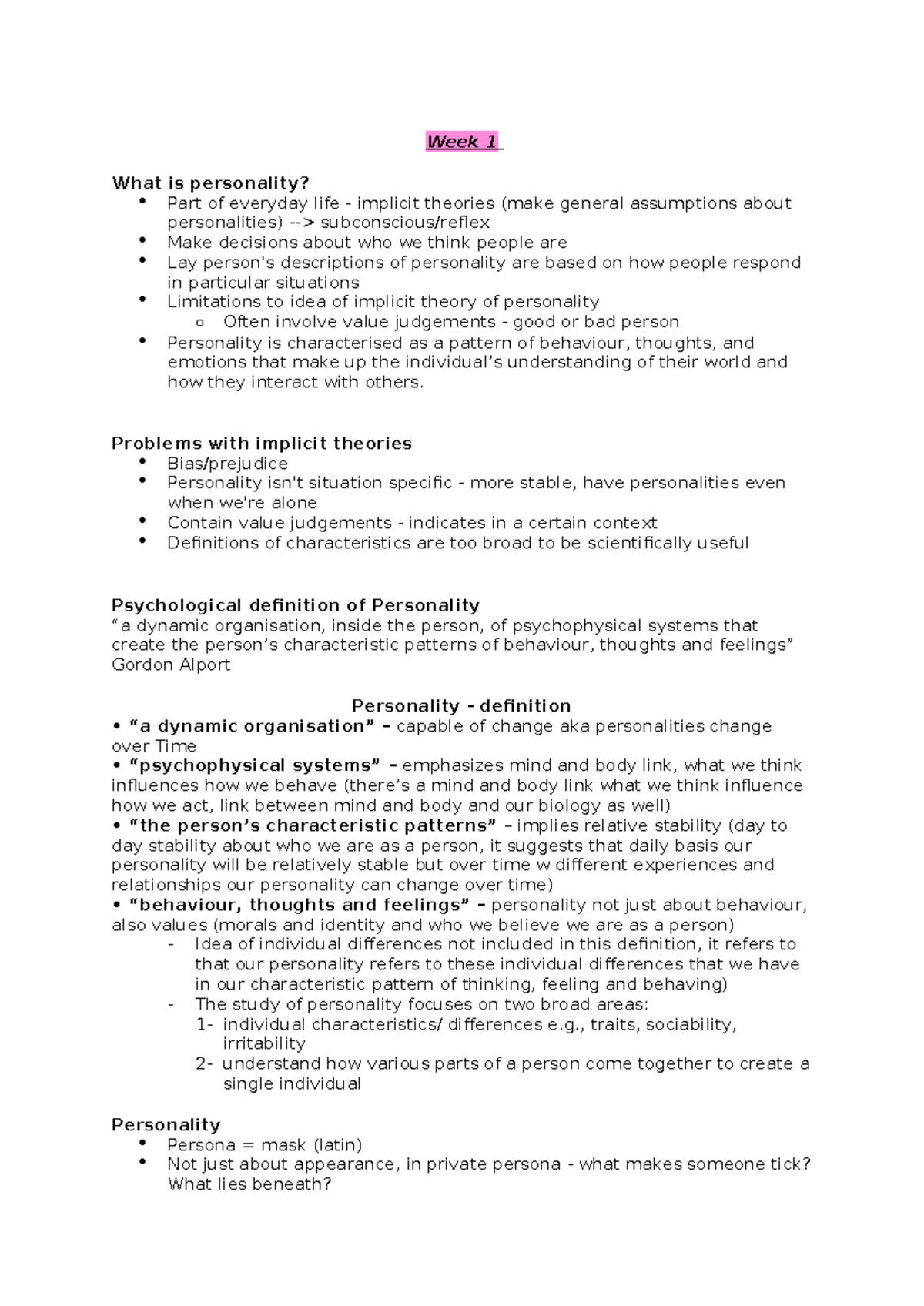 Copy of Personality notes - Week 1 What is personality? Part of ...