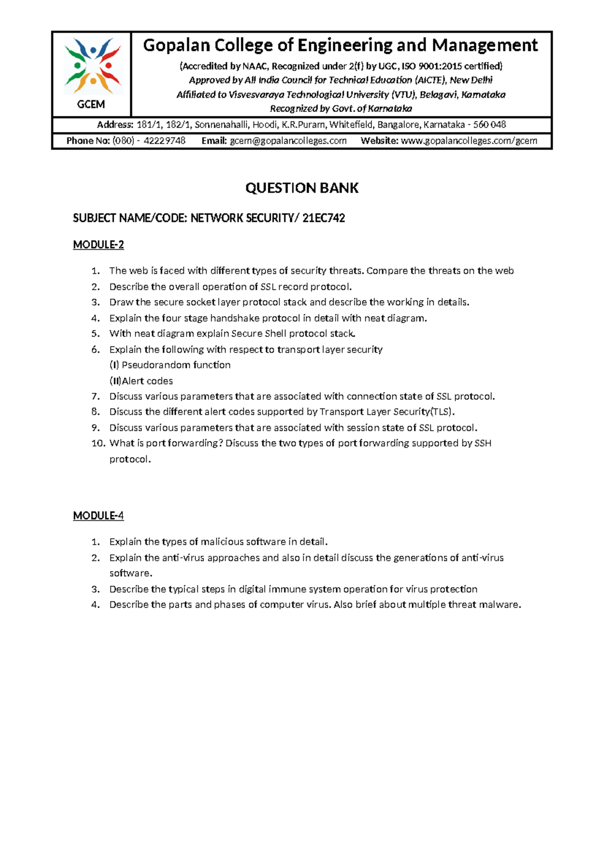 Qbnak MOD 2 &4 NS - question bank - QUESTION BANK SUBJECT NAME/CODE: NETWORK SECURITY/ 21EC ...