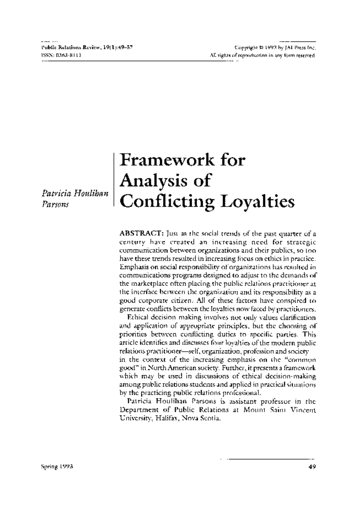 Parsons 1993 framework for analysis conflicting loyalties ...