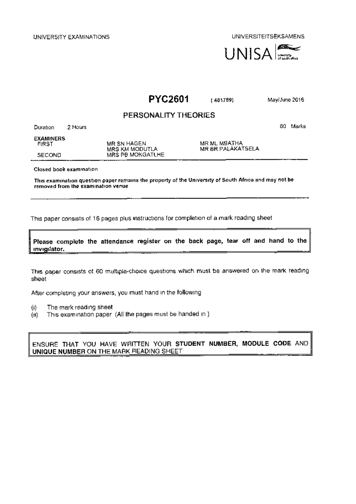 PYC2601-2016-6 revision-1 - PYC2601 - Studocu