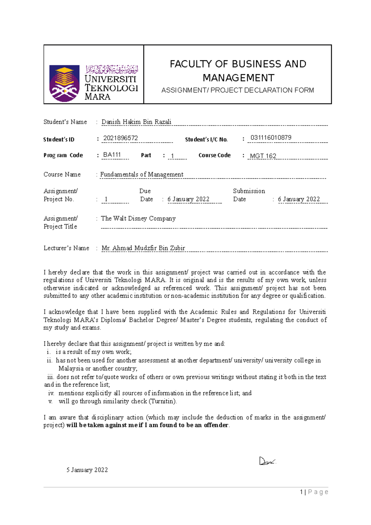 MGT162 Disney - mgt - FACULTY OF BUSINESS AND MANAGEMENT ASSIGNMENT/ PROJECT DECLARATION FORM ...