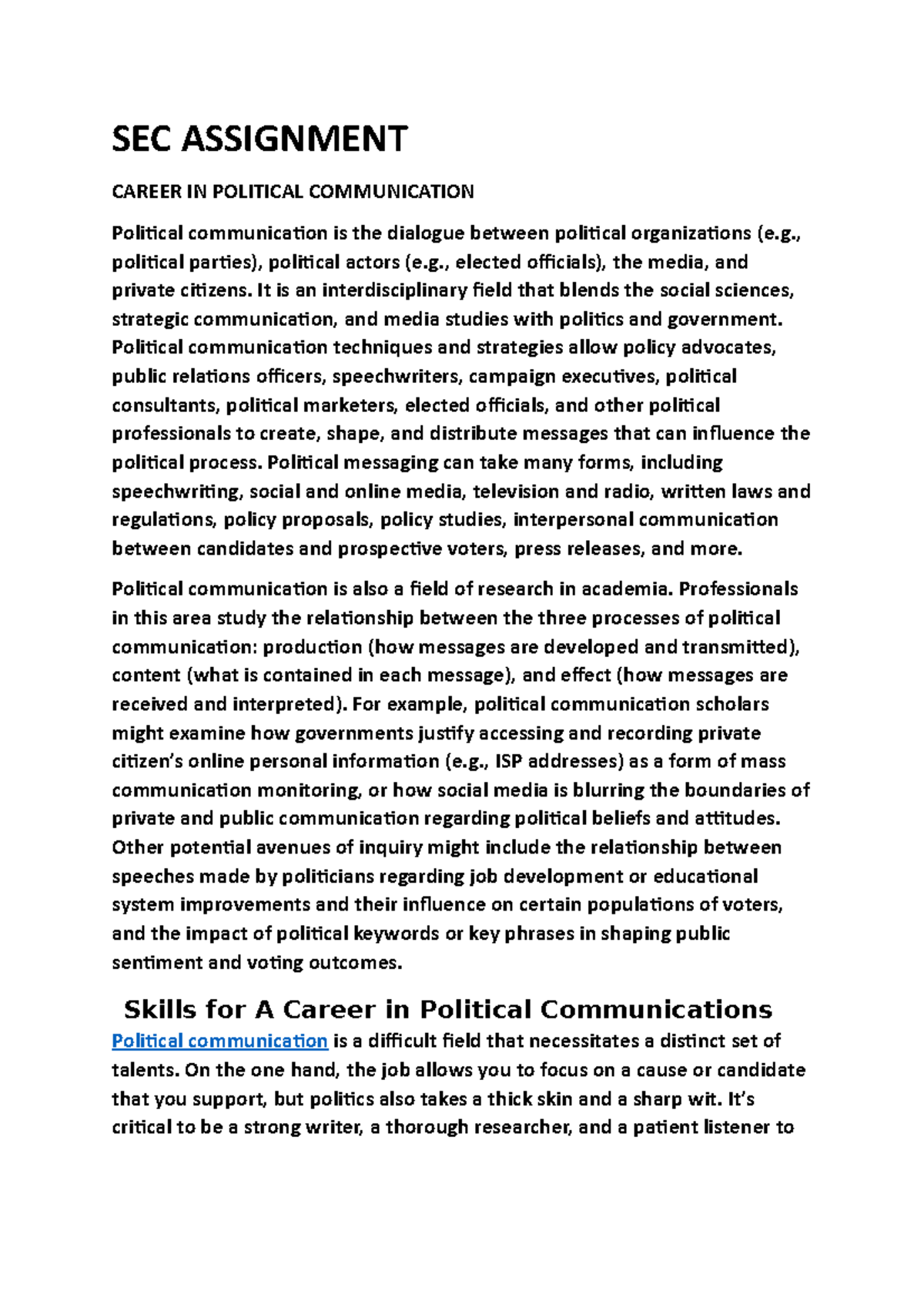 SEC Assignment, - SEC ASSIGNMENT CAREER IN POLITICAL COMMUNICATION ...