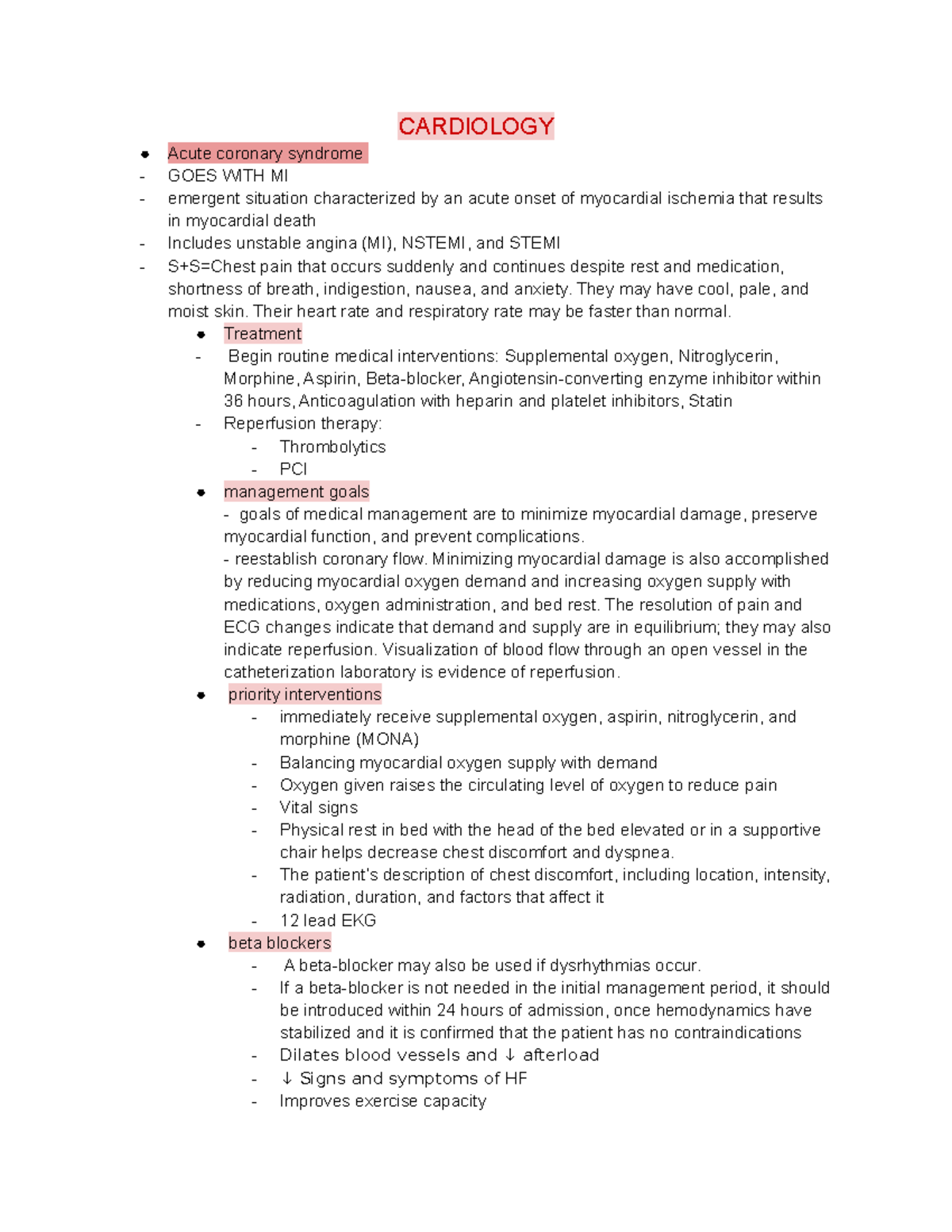 Exam 2 study guide cardiac - CARDIOLOGY Acute coronary syndrome GOES WITH MI emergent situation ...