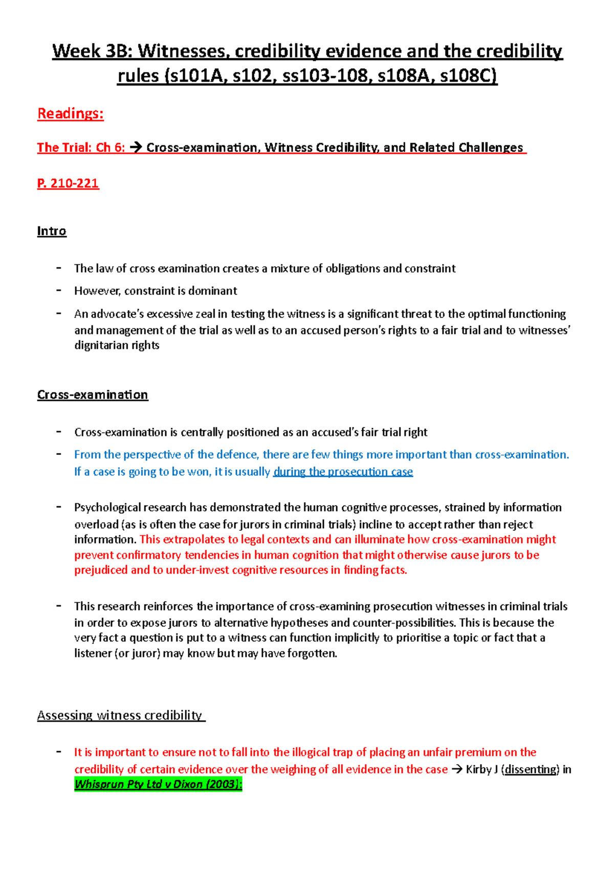 Credibility - notes - Week 3B: Witnesses, credibility evidence and the ...