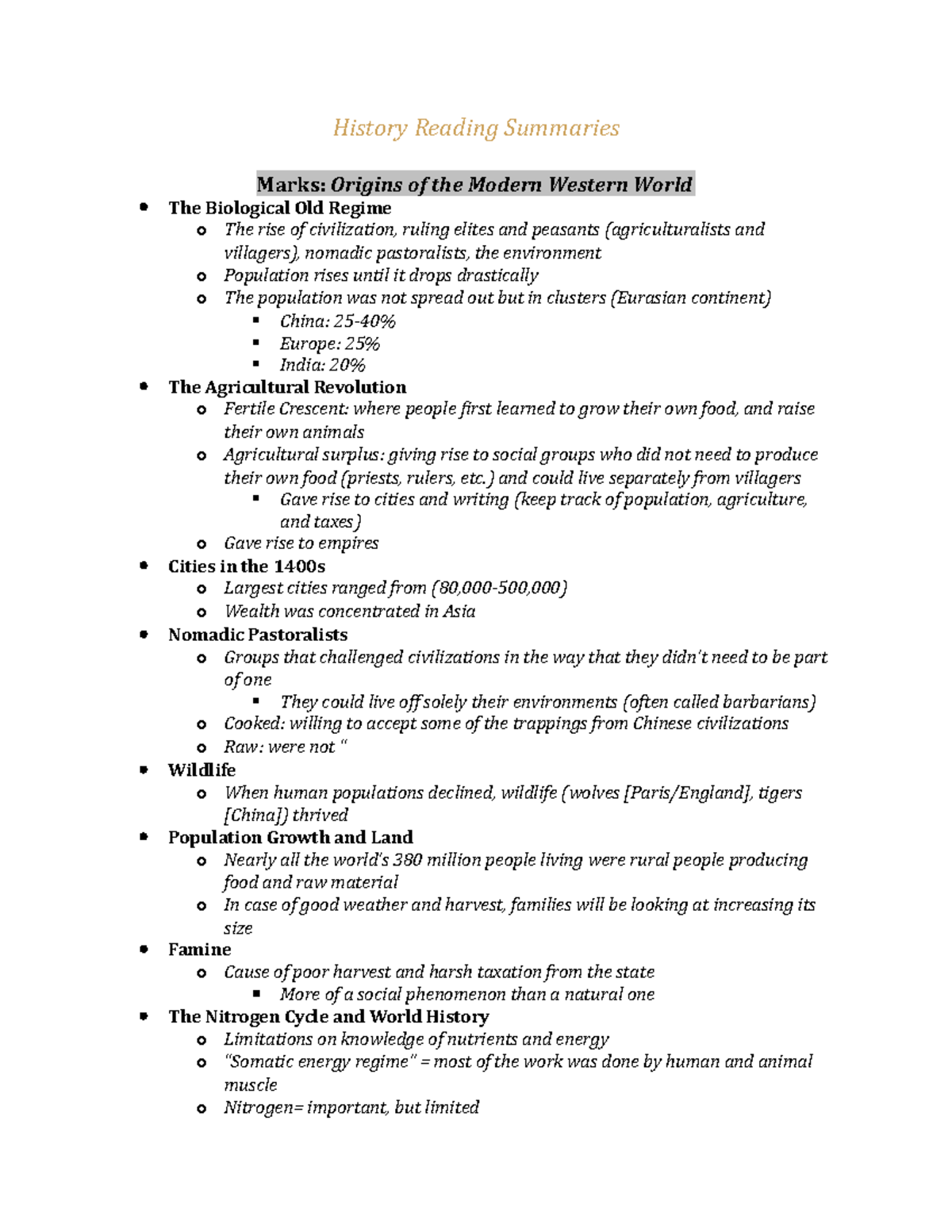 History Reading Summaries - History Reading Summaries Marks: Origins of ...