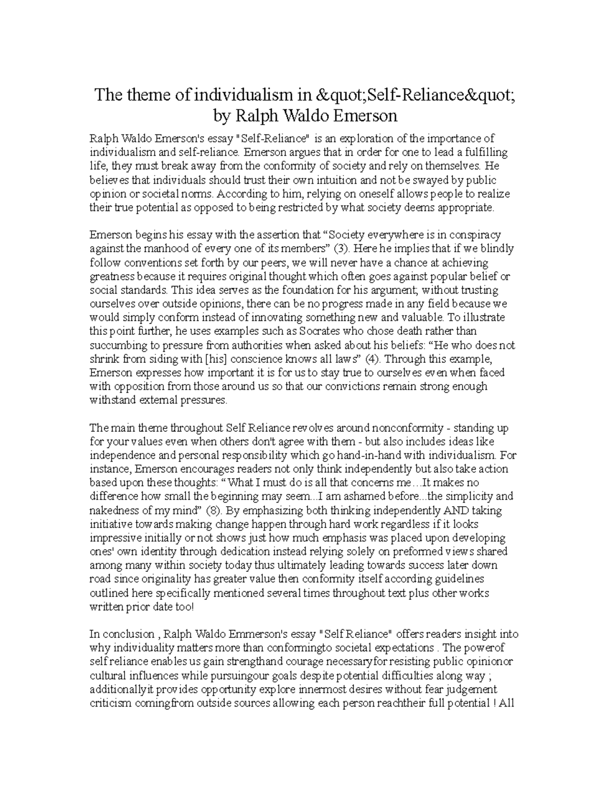 American literature - The theme of individualism in "Self-Reliance" by ...