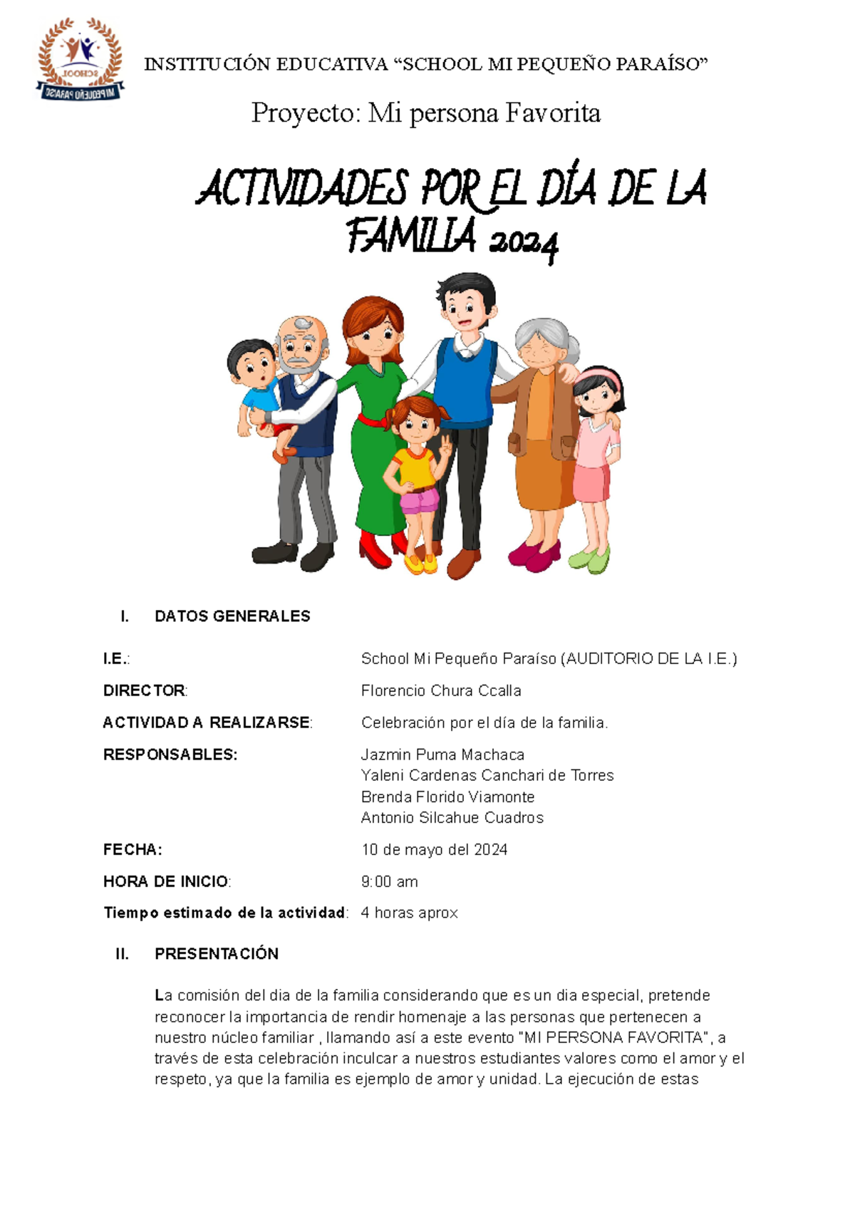 Proyecto DÍA DE LA Familia - Proyecto: Mi persona Favorita ACTIVIDADES ...