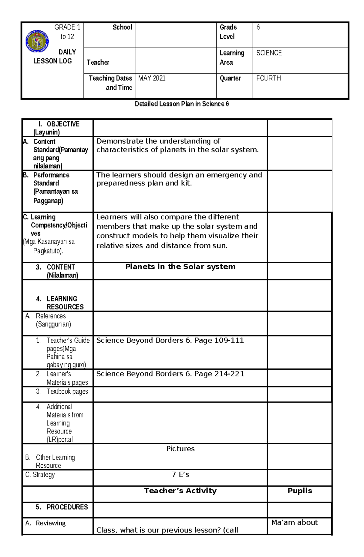 Detailed Lesson Plan- Science - GRADE 1 to 12 DAILY LESSON LOG School ...