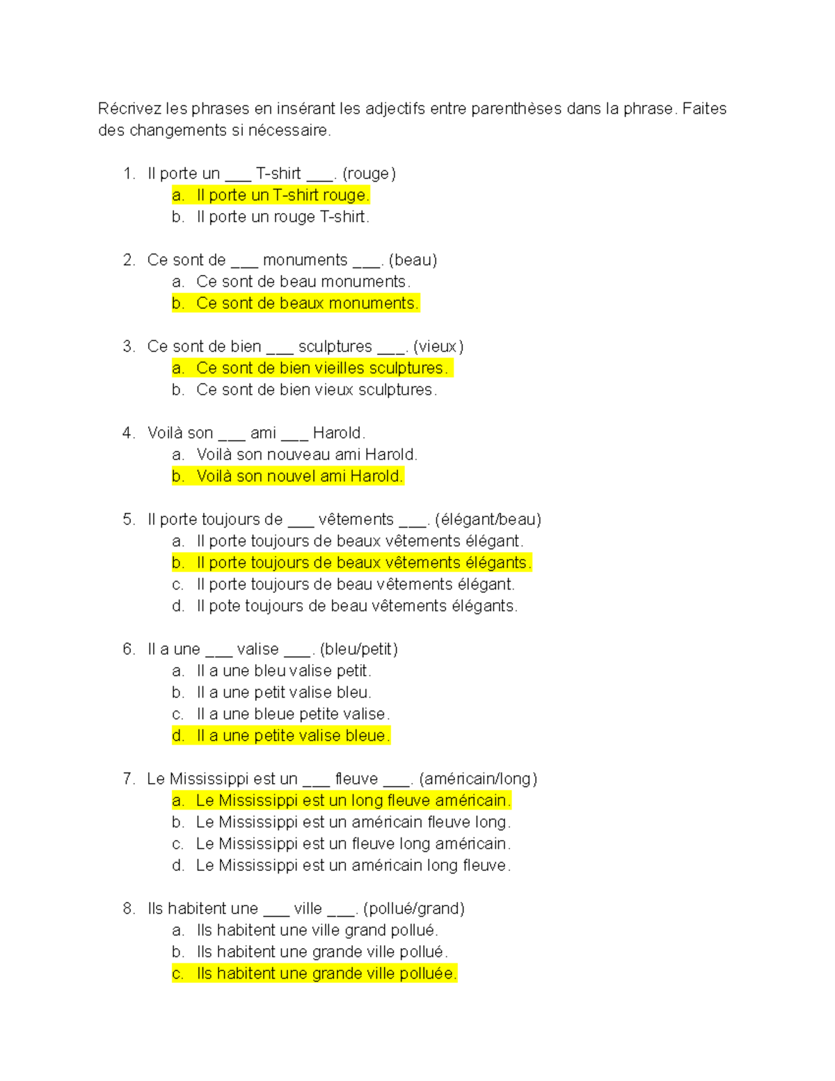 Adjectives Practice - Récrivez les phrases en insérant les adjectifs ...