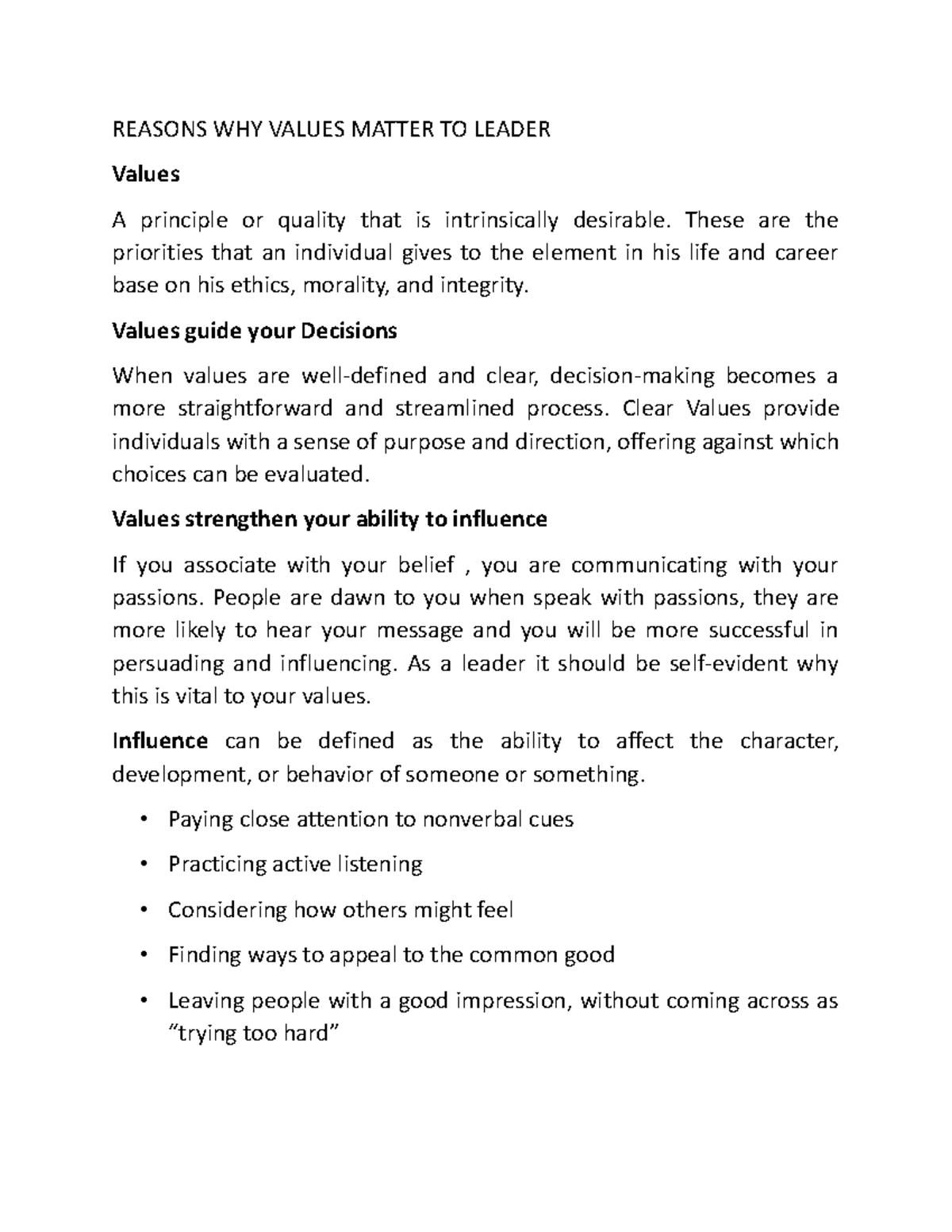 Reasons WHY Values Matter TO Leader - REASONS WHY VALUES MATTER TO LEADER Values A principle or ...