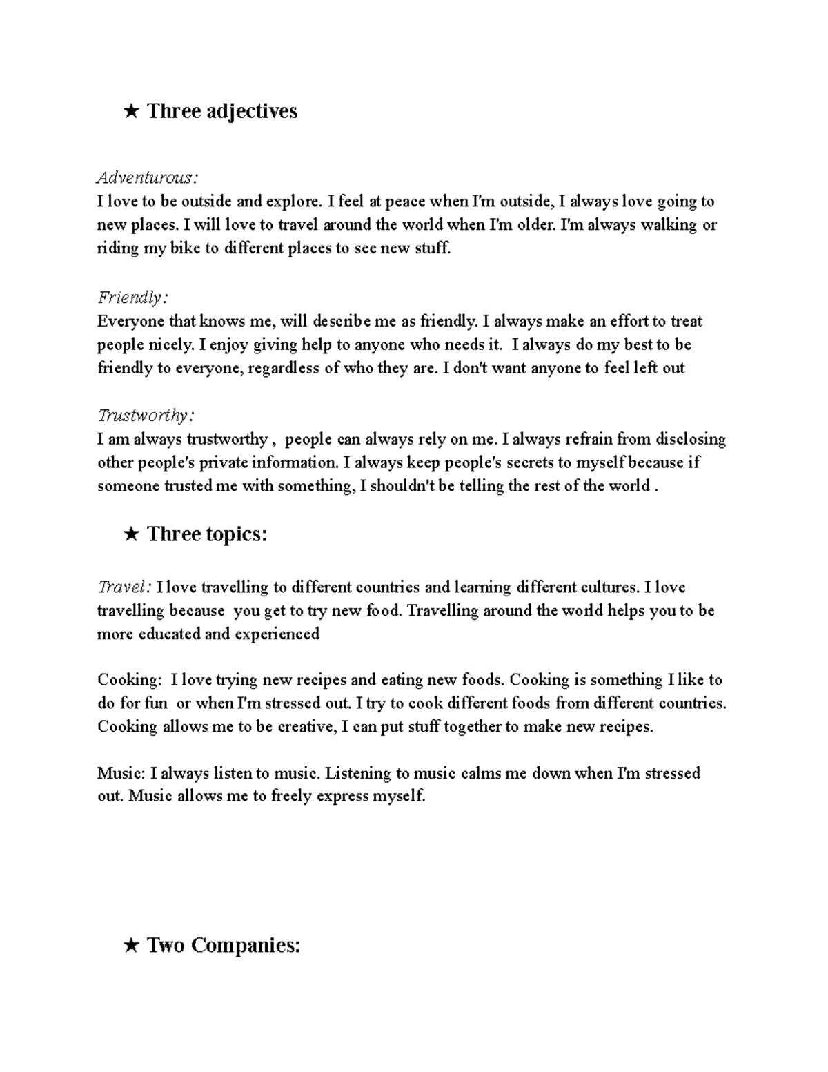 Write up - introduction to business. all about you - ★ Three adjectives ...