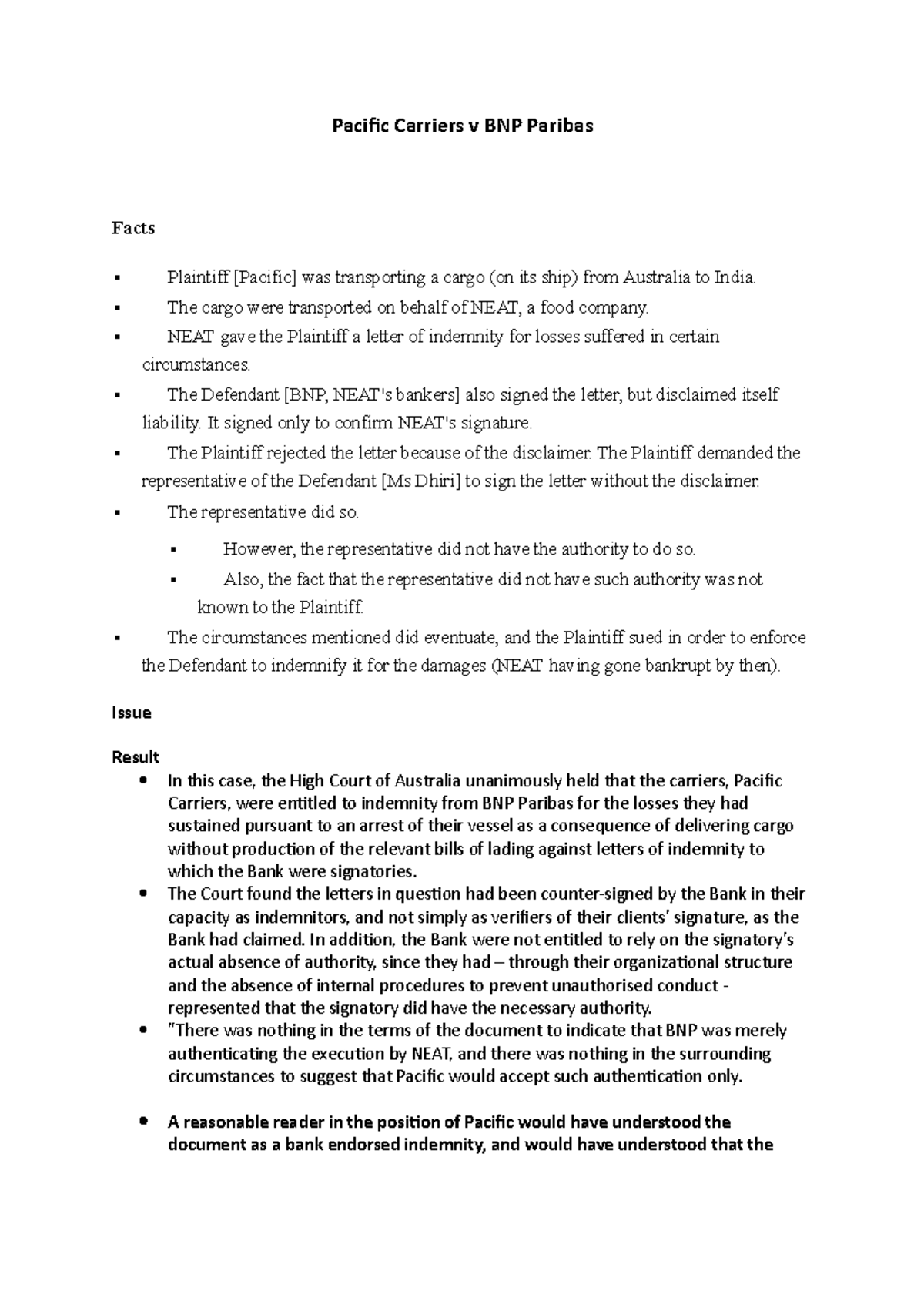 Pacific Carriers v BNP Paribas - Pacific Carriers v BNP Paribas Facts ...