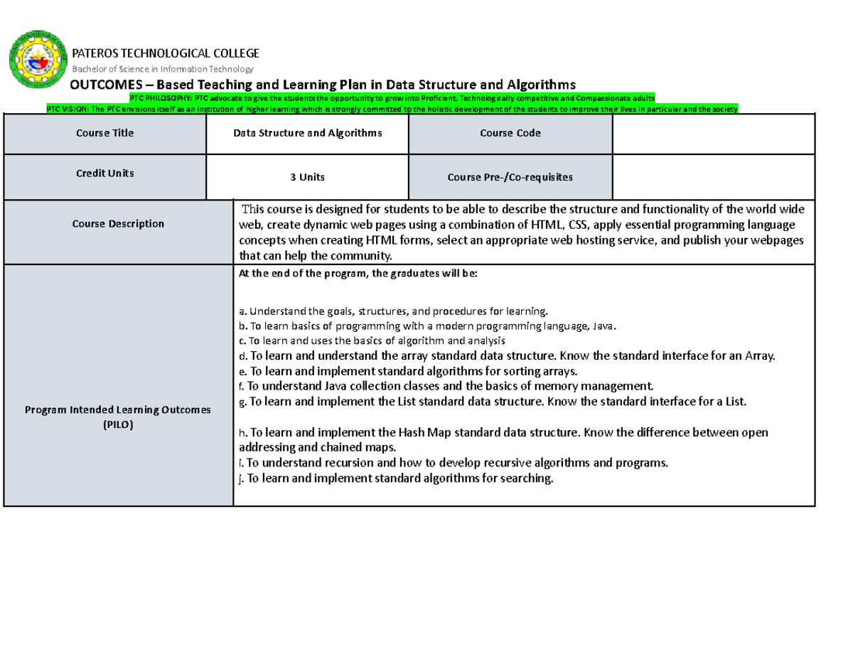 OBTL- Data Structure and Algorithm - PATEROS TECHNOLOGICAL COLLEGE ...