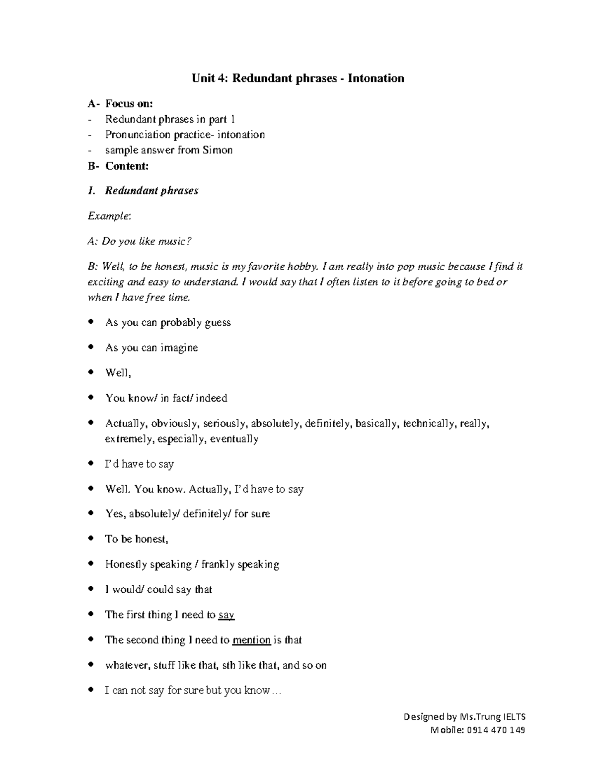 Unit 4 Part 1 Redundant phrases intonation - Designed by Ms IELTS Unit ...