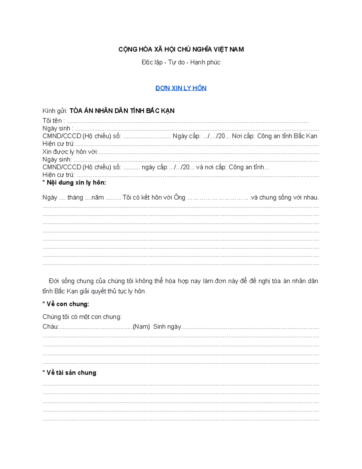 Mau-don-ly-hon-moi-nhat - CỘNG HÒA XÃ HỘI CHỦ NGHĨA VIỆT NAM Độc lập ...