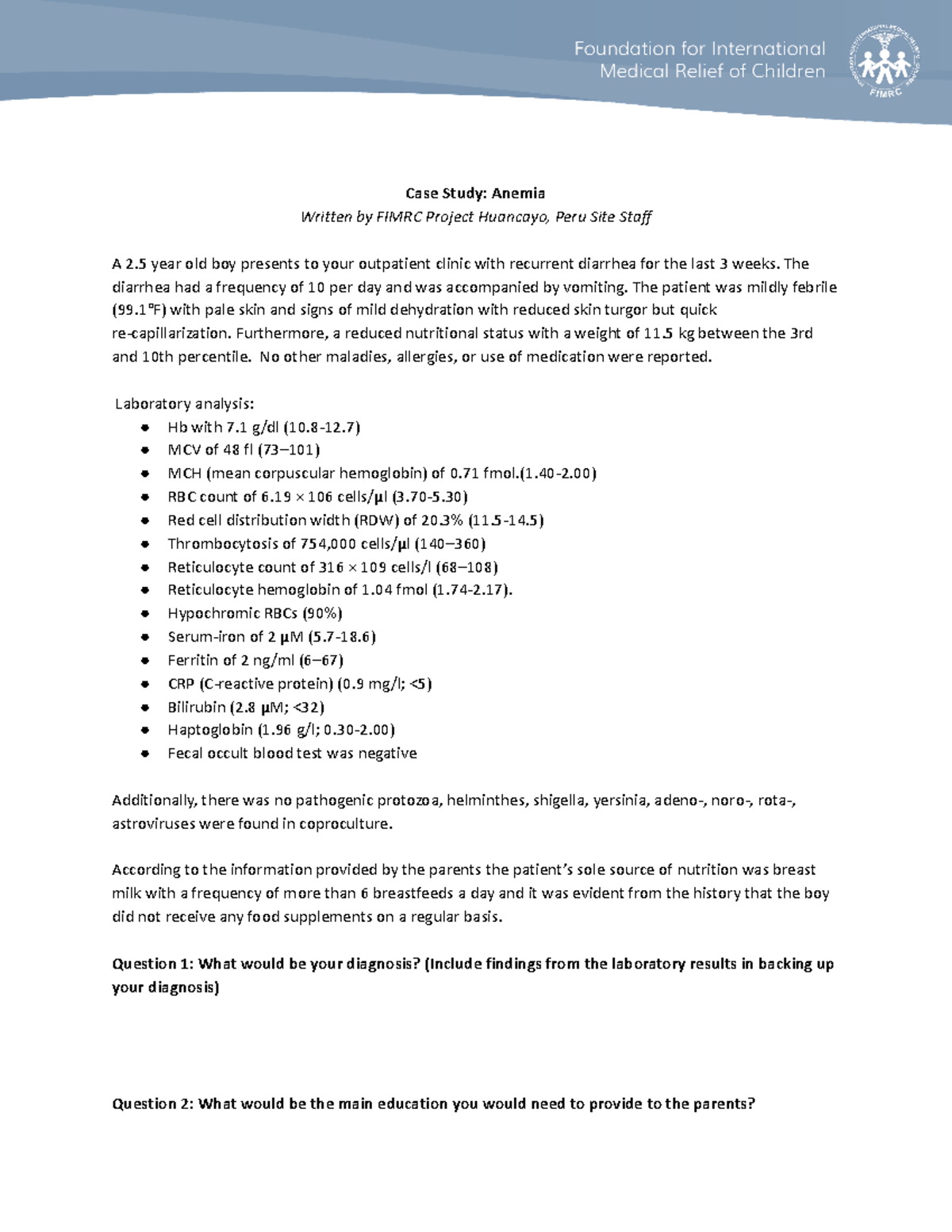 Case Study Anemia - Case Study: Anemia Written by FIMRC Project ...