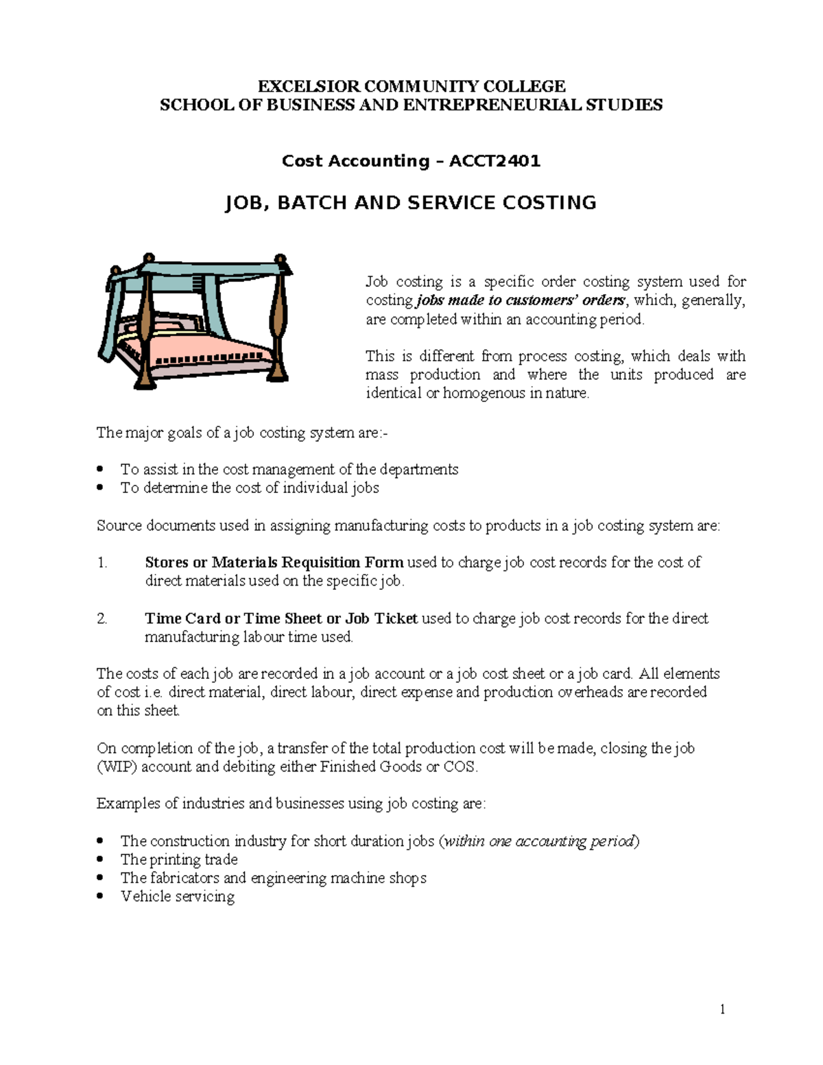 Job, Batch and Service Costing - EXCELSIOR COMMUNITY COLLEGE SCHOOL OF ...