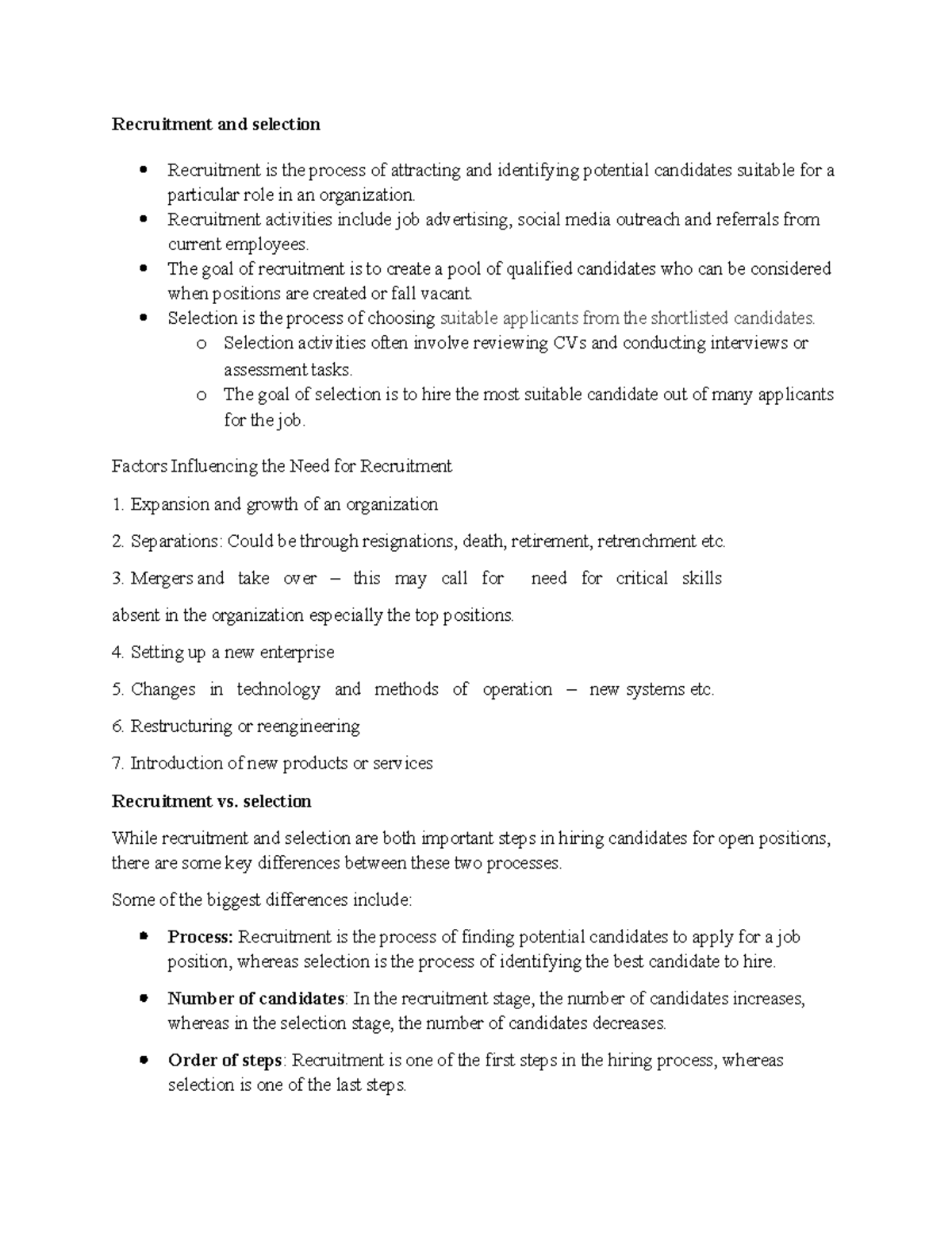 Recruitment and selection summary - Recruitment and selection ...