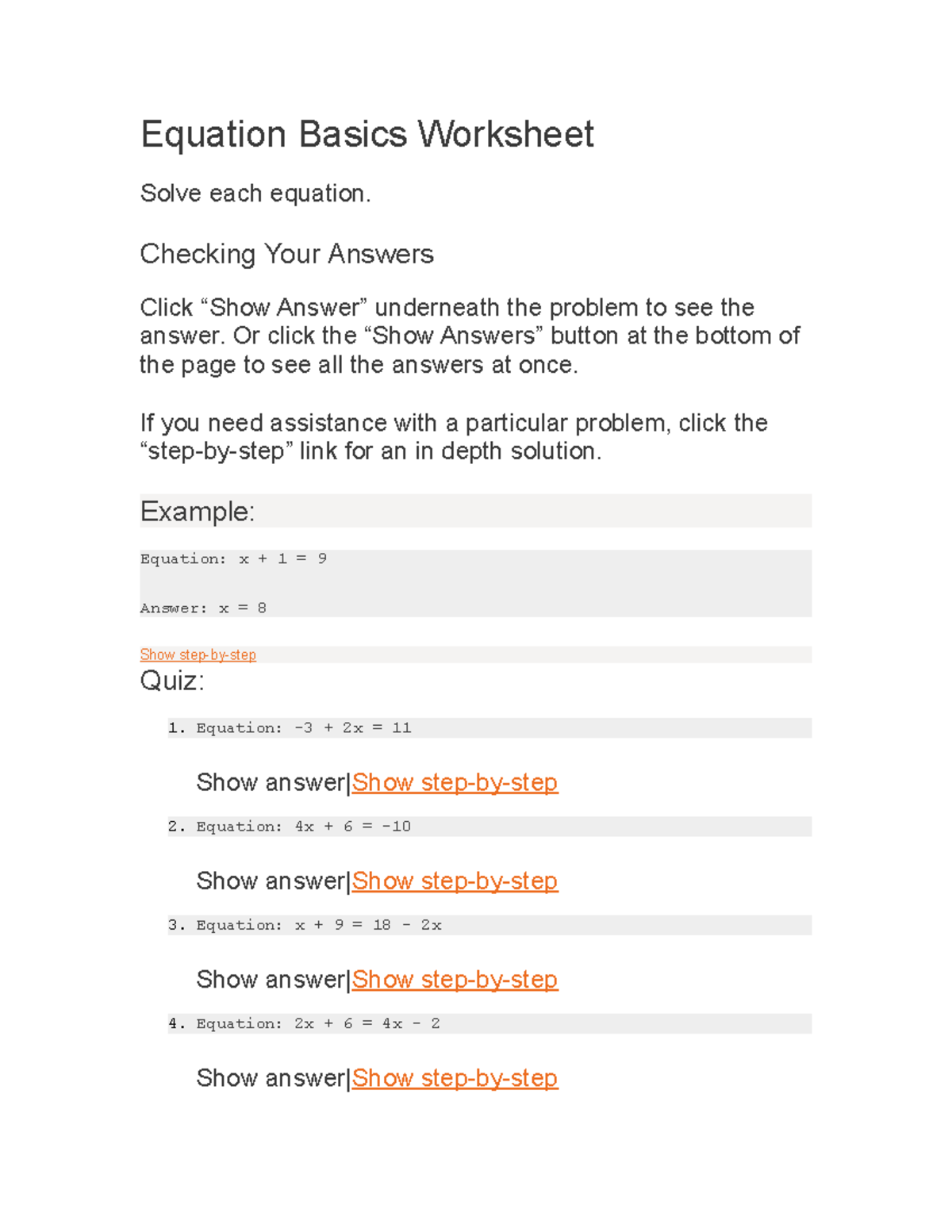 Equation Basics Worksheet - Equation Basics Worksheet Solve each ...