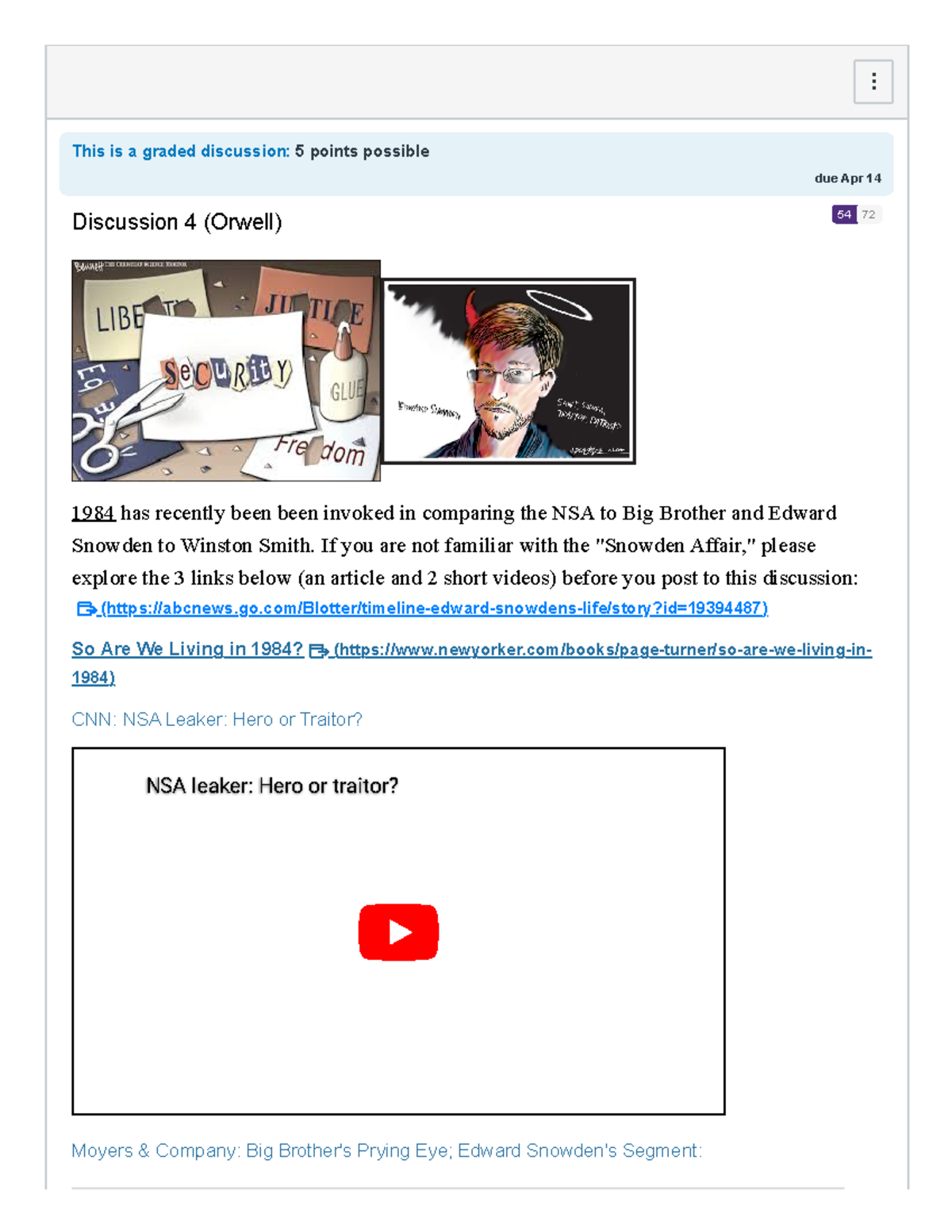 Topic Discussion 4 (Orwell) - This is a graded discussion: 5 points ...