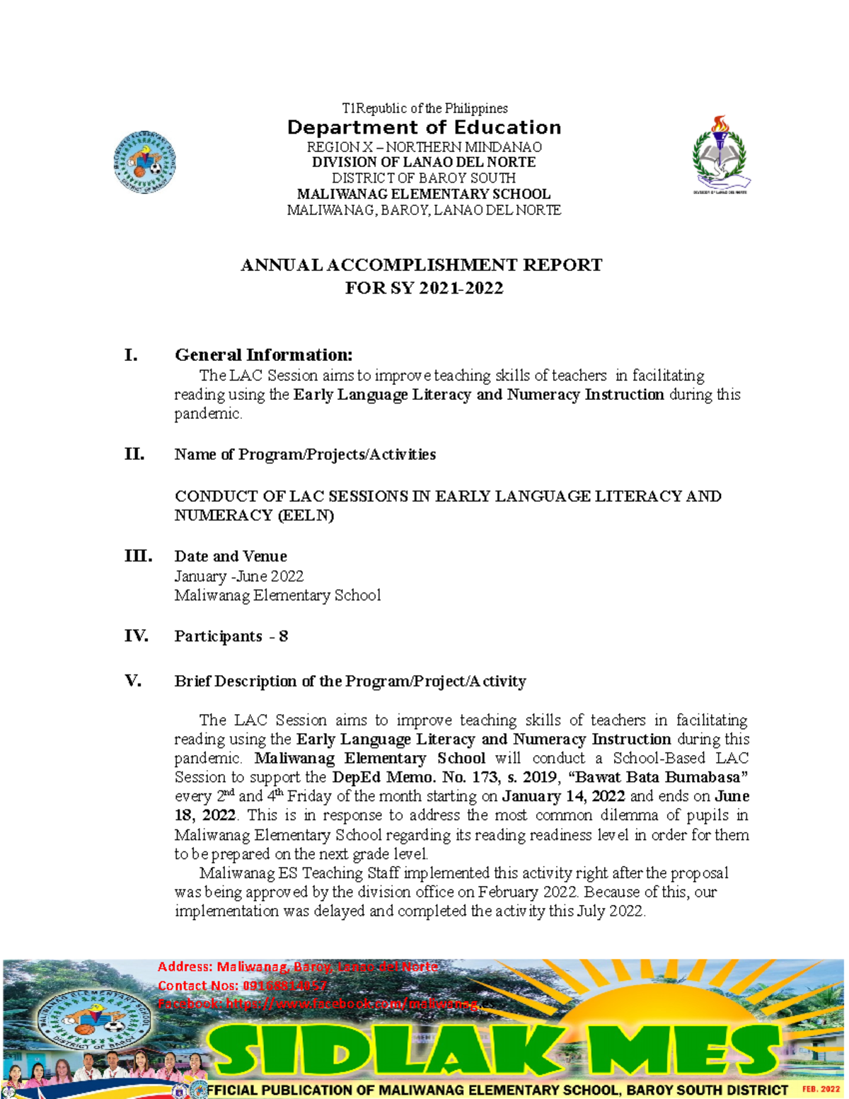 Elln Accomplishment Report T1Republic Of The Philippines Department