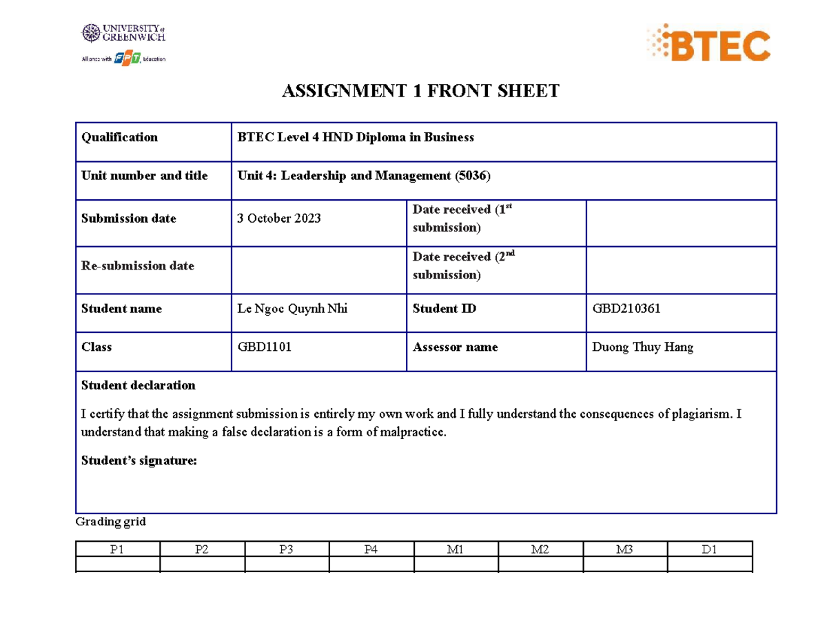 Le Ngoc Quynh Nhi - Assignment 1 - 5036 - ASSIGNMENT 1 FRONT SHEET Qualification BTEC Level 4 ...
