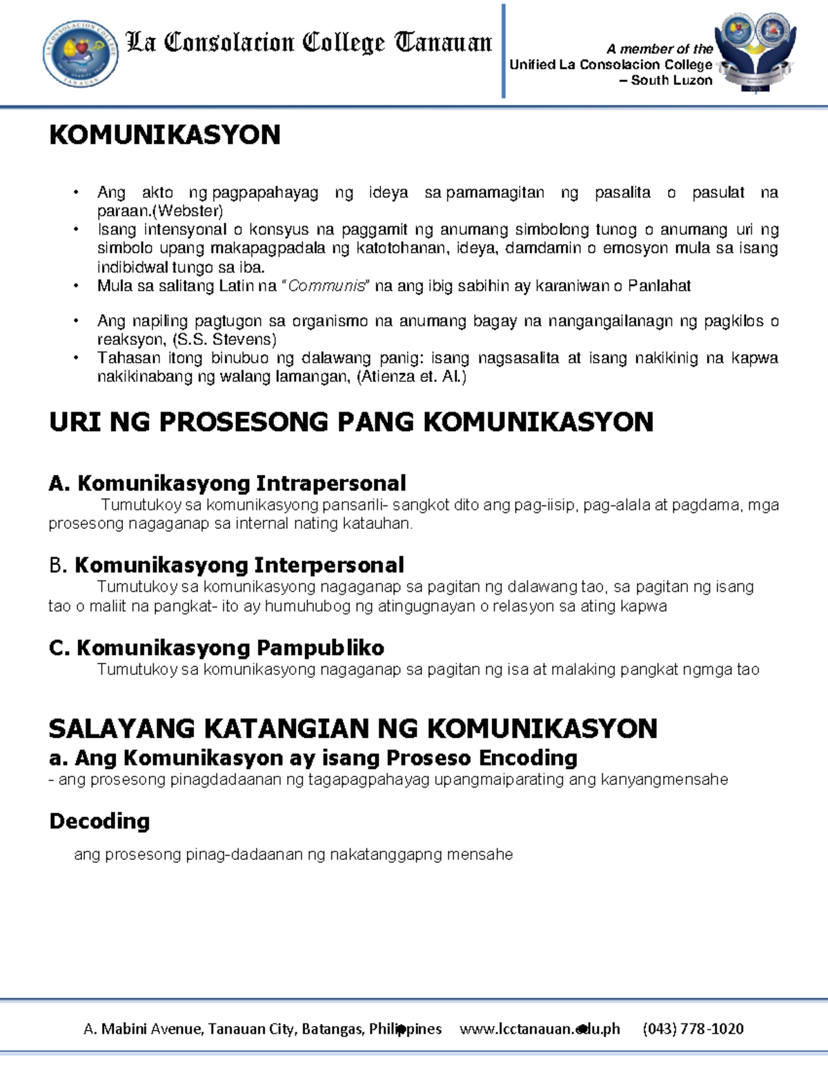 Komunikasyon - This is an activity in Filipino - A. Mabini Avenue ...