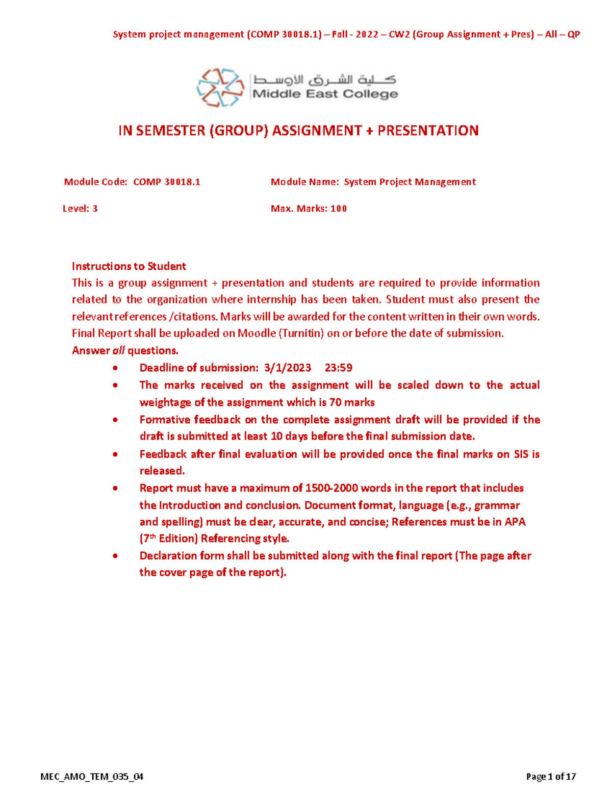 Assignment 1 SPM FALL 2022 QP - Instructions to Student This is a group assignment ...
