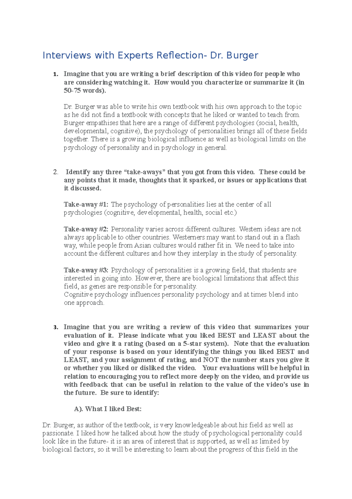 Interviews with Experts Reflection Sheet 1 - Dr. Burger - Interviews ...