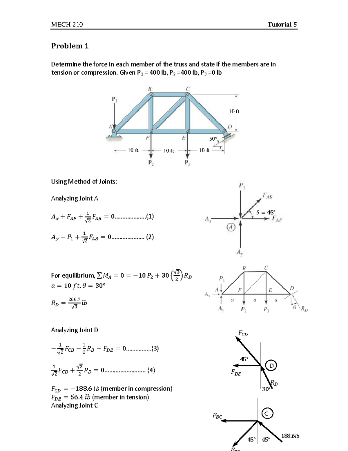 Tutorial 5 - Solutions - Problem 1 Determine the force in each member ...