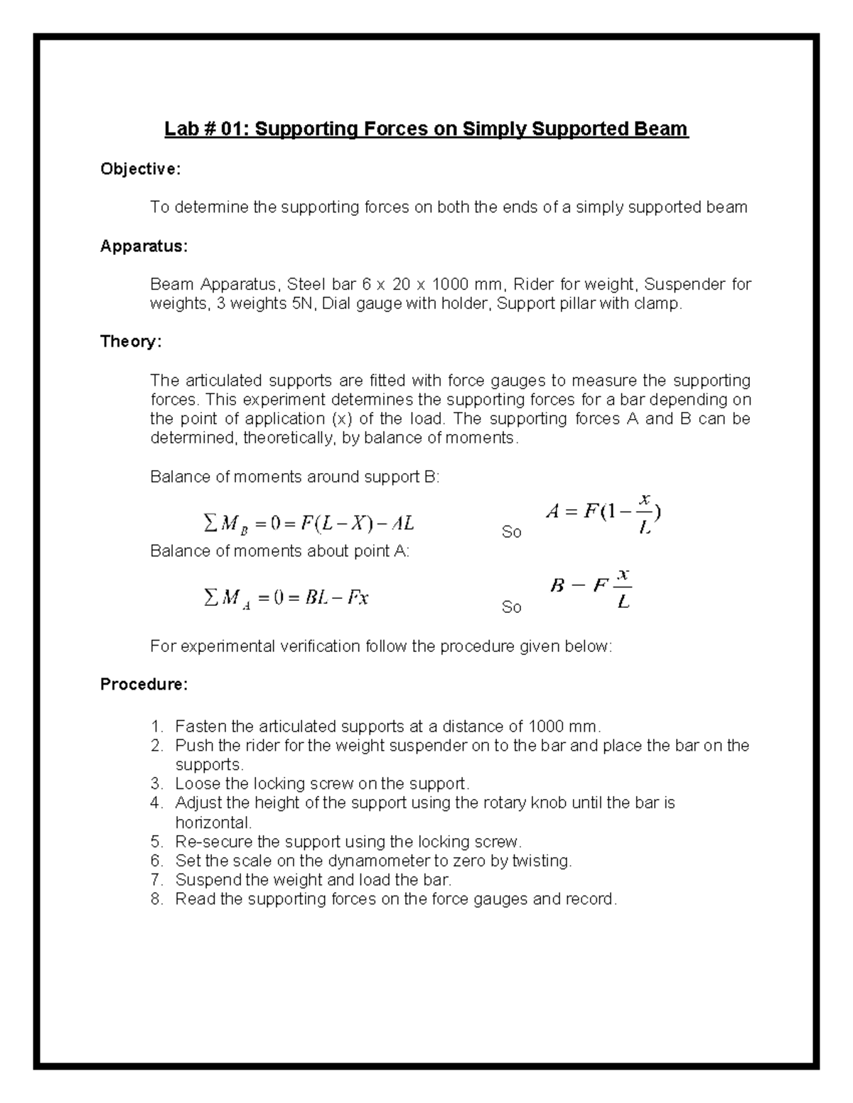 Lab 2 Mechanics - Lab - Lab # 01: Supporting Forces on Simply Supported Beam Objective: To ...