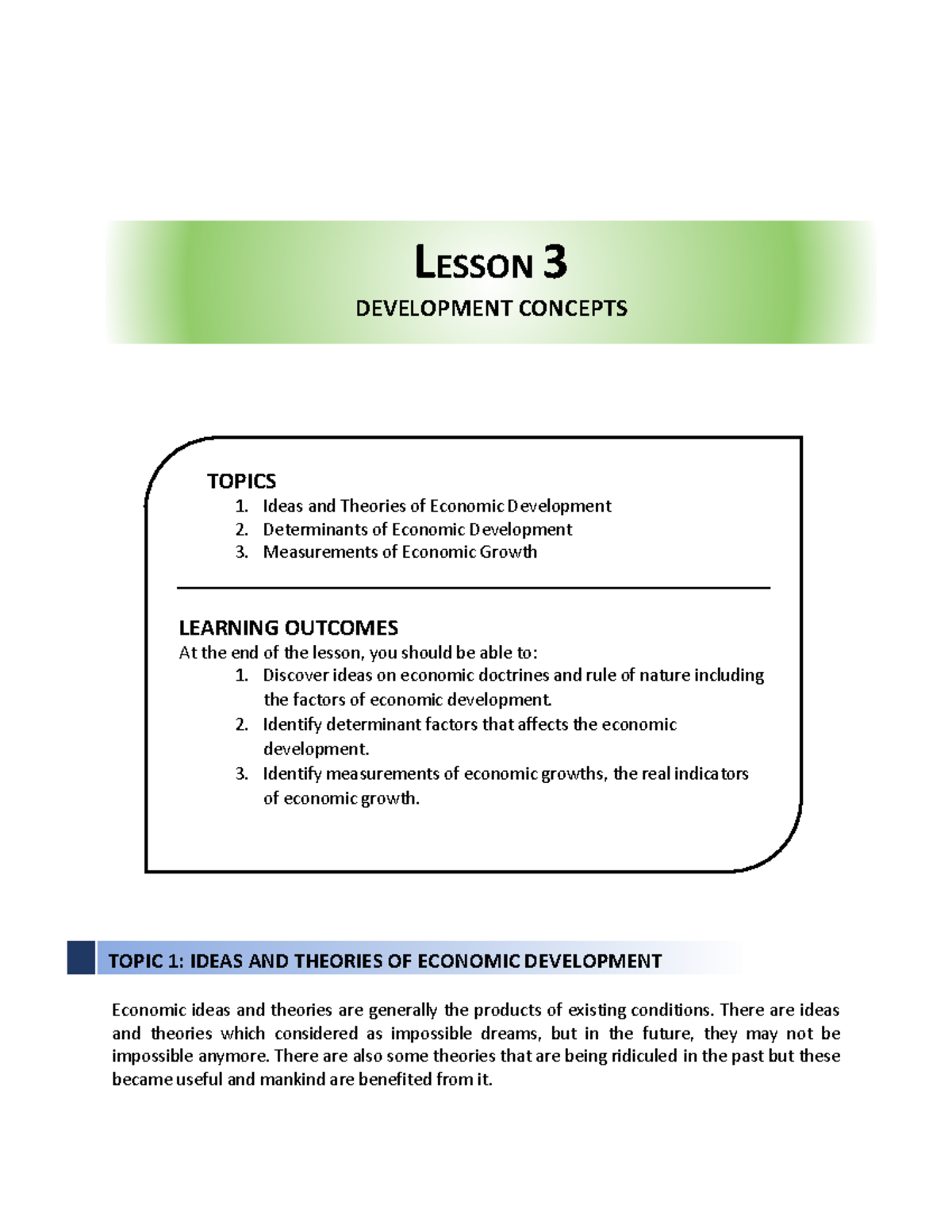 Lesson 3 - Economic Development - Economic ideas and theories are ...