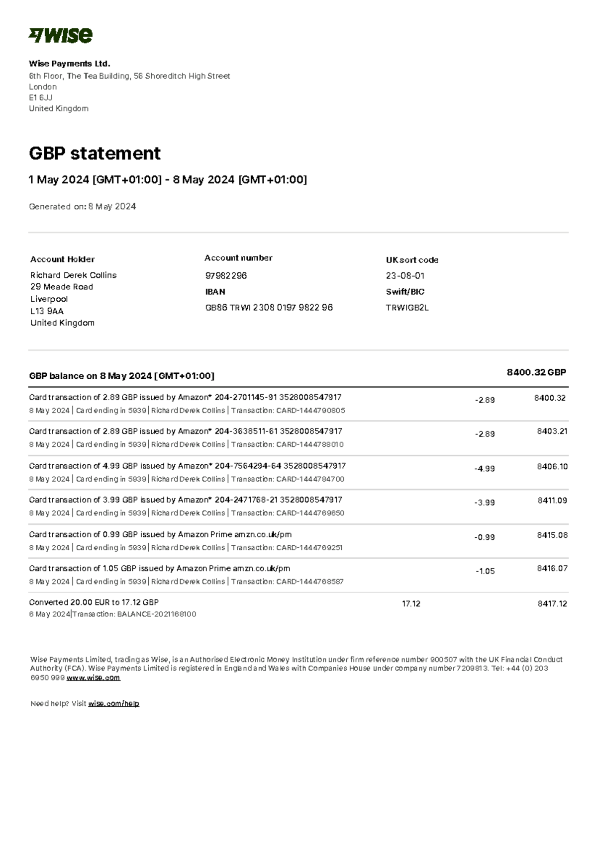 Proof of address statement - Wise Payments Ltd. 6th Floor, The Tea ...