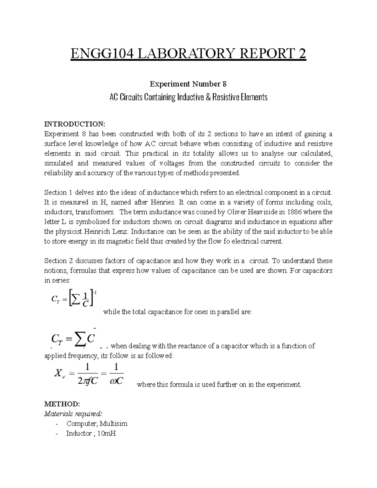 ENGG104 Laboratory Report 2 - ENGG104 LABORATORY REPORT 2 Experiment Number 8 AC Circuits ...