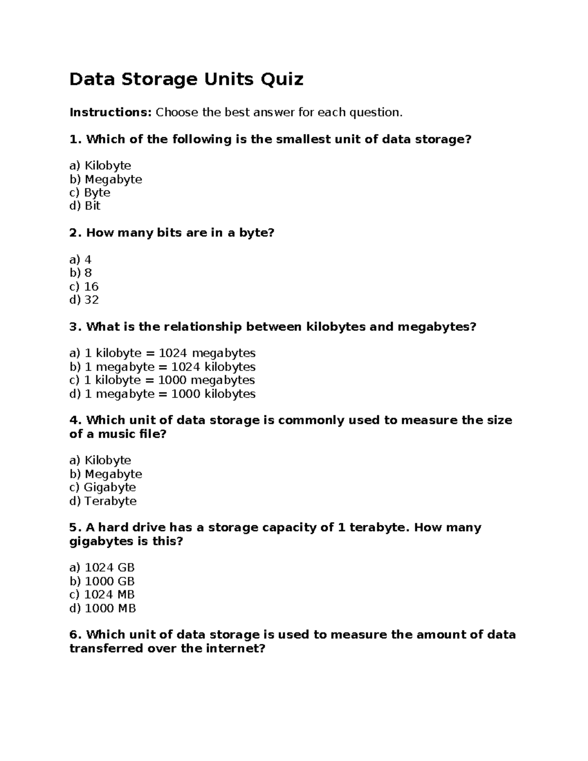Data Storage Units Quiz - Data Storage Units Quiz Instructions: Choose ...