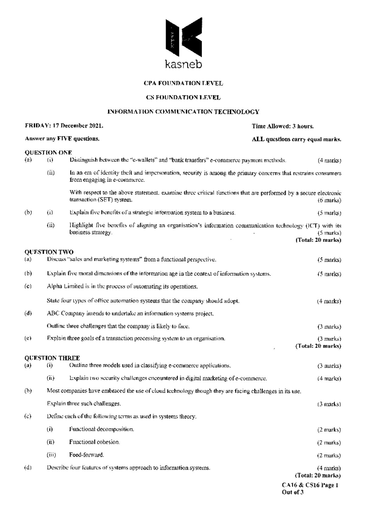 December 2021 - PAST PAERS KASNEB - Information Technology - Studocu