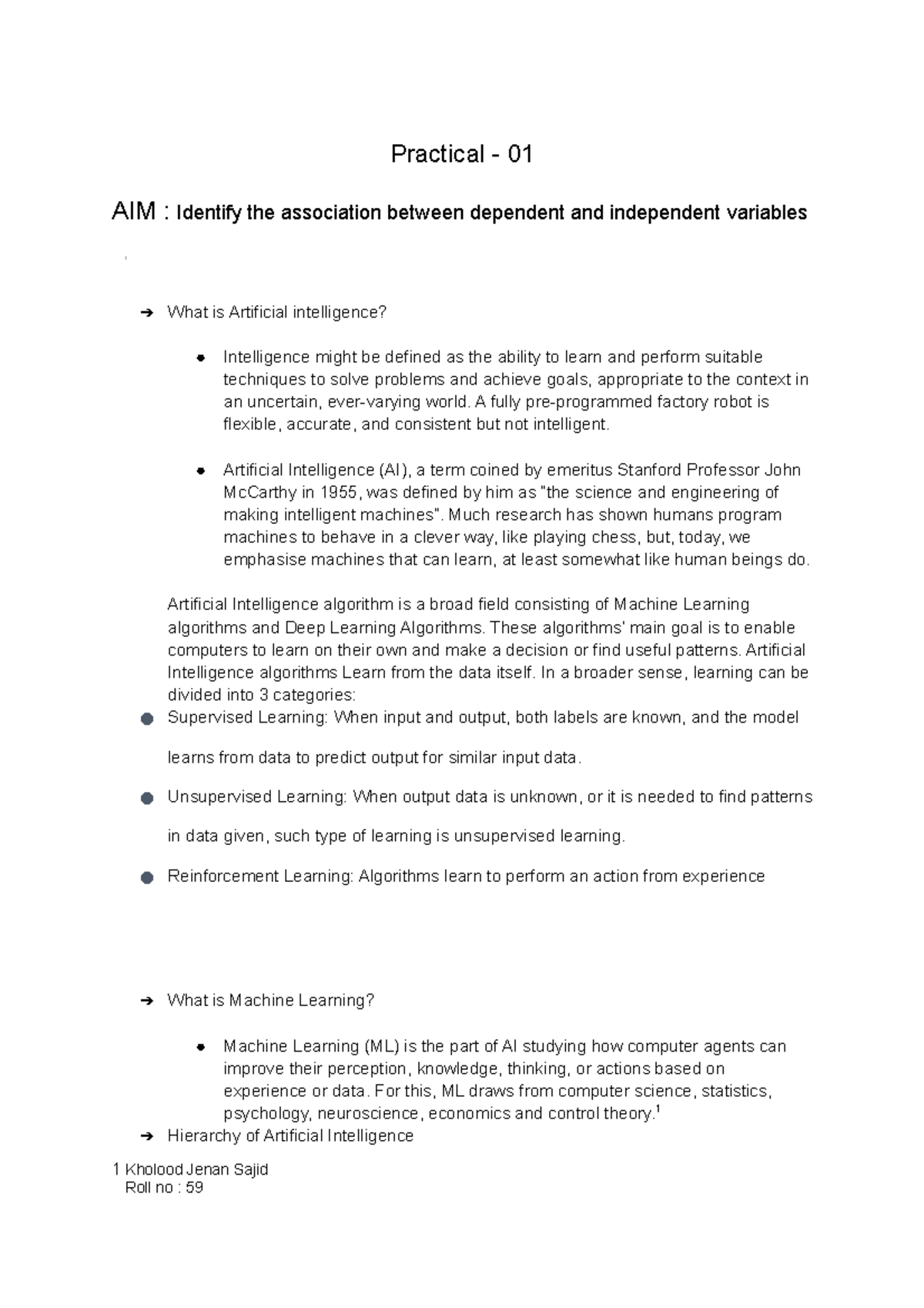 Practical ex1 - notes for ai - Practical - 01 AIM : Identify the ...