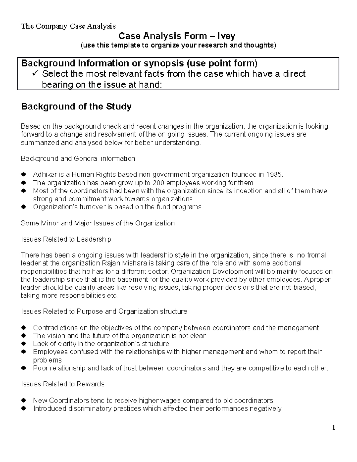 OD Analysis 26th 585 - Case Analysis Form – Ivey (use this template to organize your research ...