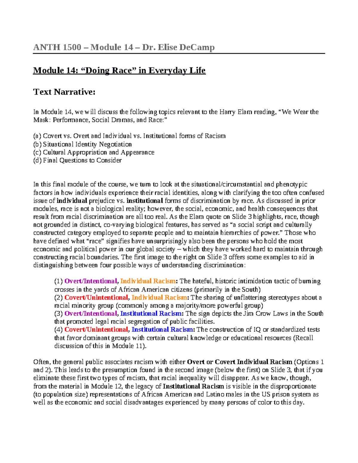 Module 14 Narrative - ANTH 1500 – Module 14 – Dr. Elise DeCamp Module ...