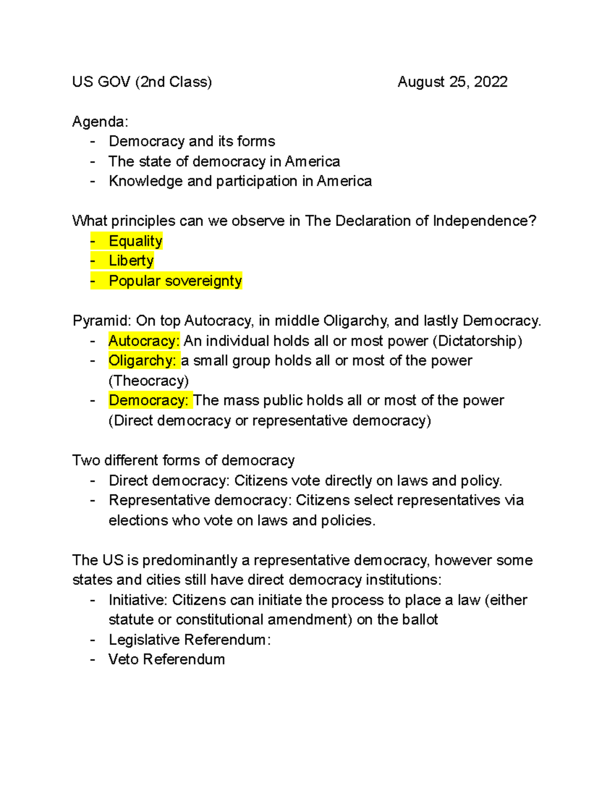 US and Texas Goverment - US GOV (2nd Class) August 25, 2022 Agenda ...