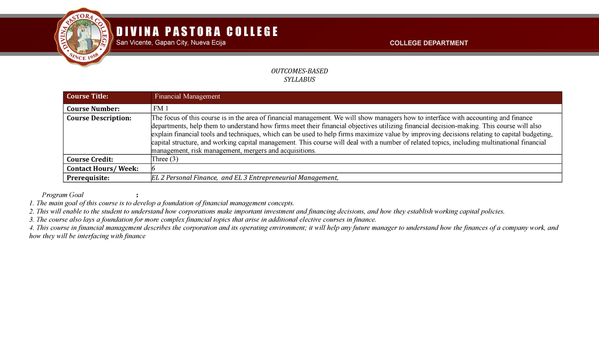 Financial Management Syllabus 2 - OUTCOMES-BASED SYLLABUS Course Title ...