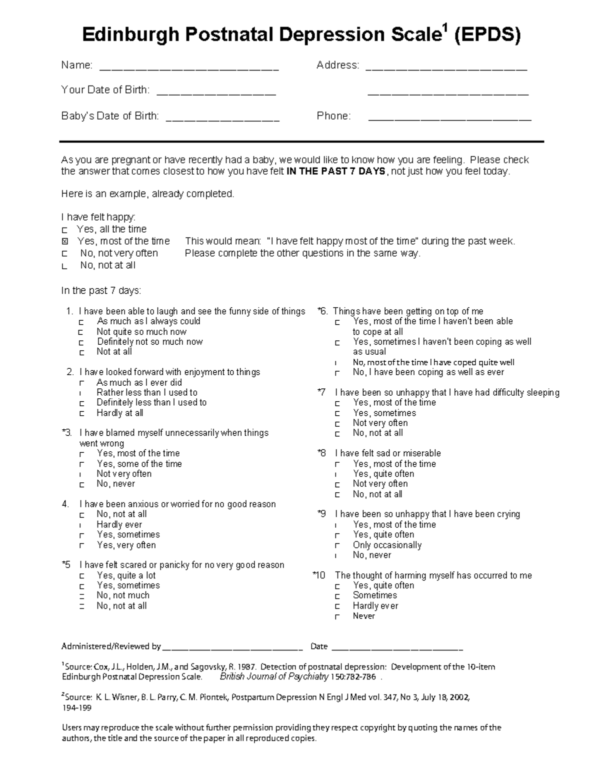 Edinburghscale - Edinburgh Postnatal Depression Scale 1 (EPDS) Name
