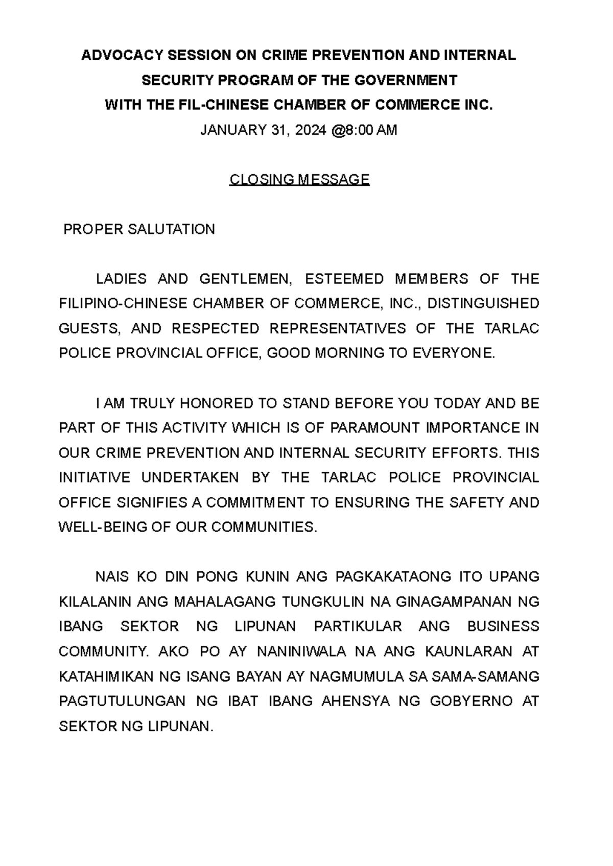 Closing Message - N/A - ADVOCACY SESSION ON CRIME PREVENTION AND ...