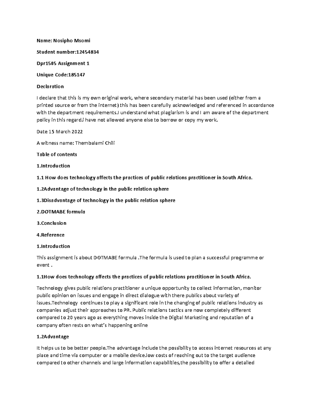 DPR 1505 assignment 1 - Name: Nosipho Msomi Student number:124 54834 ...